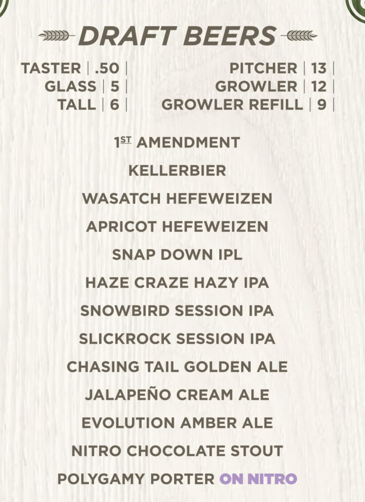 Wasatch Brew Pub Sugarhouse Table Menu, Prices and Locations