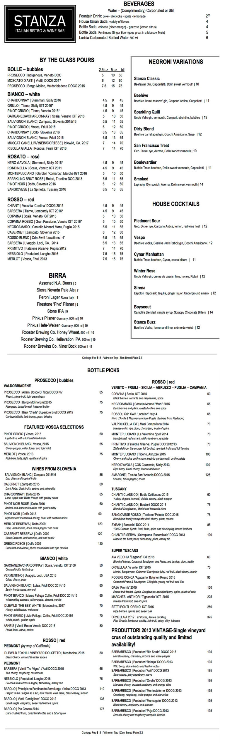 Stanza Italian Bistro Menu, Prices and Locations